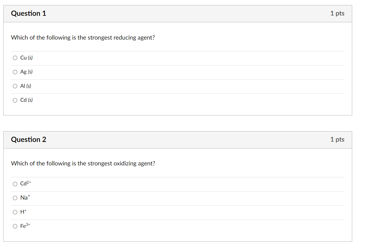 Solved Which of the following is the strongest reducing | Chegg.com