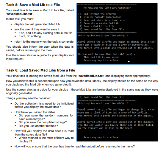 Task 6: Load Saved Mad Libs from a File Your final | Chegg.com