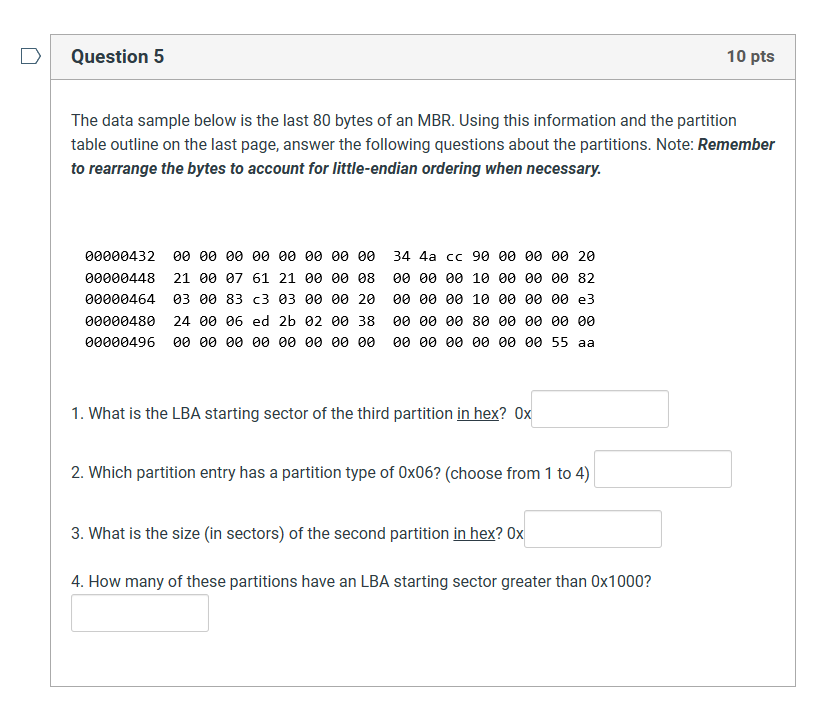 Solved The data sample below is the last 80 bytes of an MBR. | Chegg.com