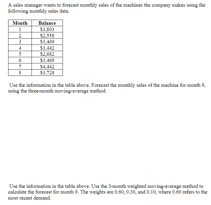 Solved A sales manager wants to forecast monthly sales of | Chegg.com