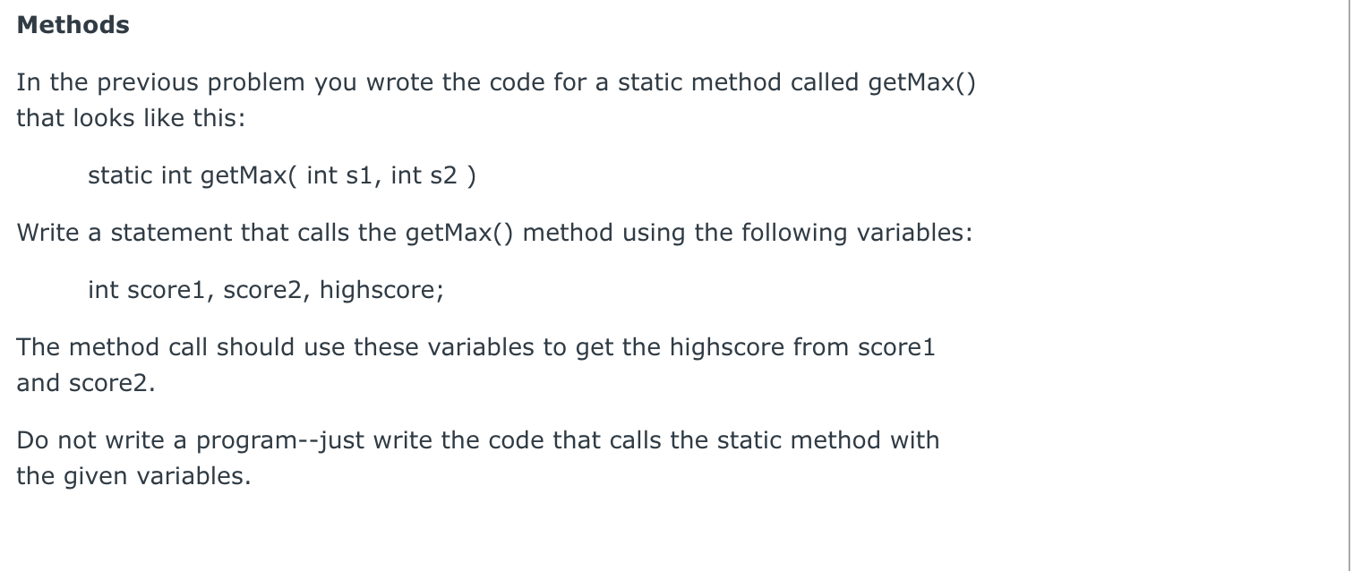 Solved Methods In the previous problem you wrote the code | Chegg.com