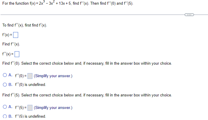 Solved For the function f(x)=2x3−3x2+13x+5, find f′′(x). | Chegg.com