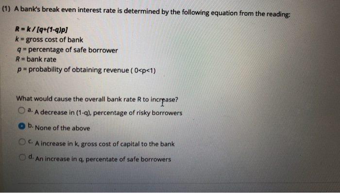 Solved (1) A bank's break even interest rate is determined | Chegg.com
