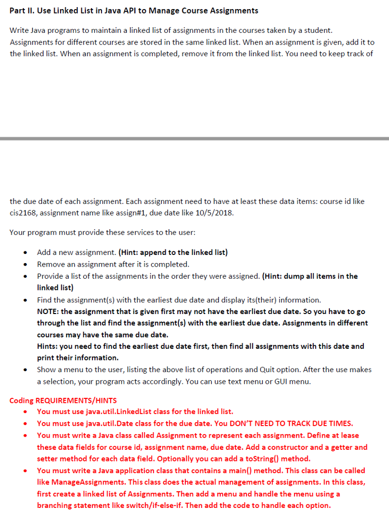 Solved Part II. Use Linked List in Java APl to Manage Course | Chegg.com