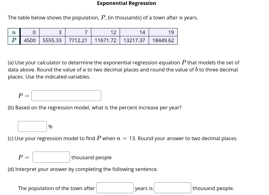 Solved Exponential Regression The table below shows the | Chegg.com
