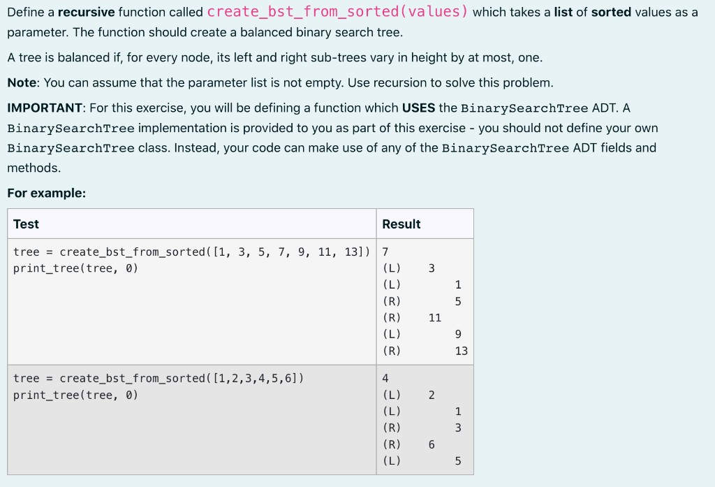Solved class BinarySearchTree: def __init__(self, data, | Chegg.com