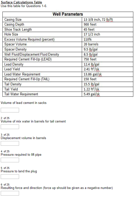Surface Calculations Table Use this table for | Chegg.com