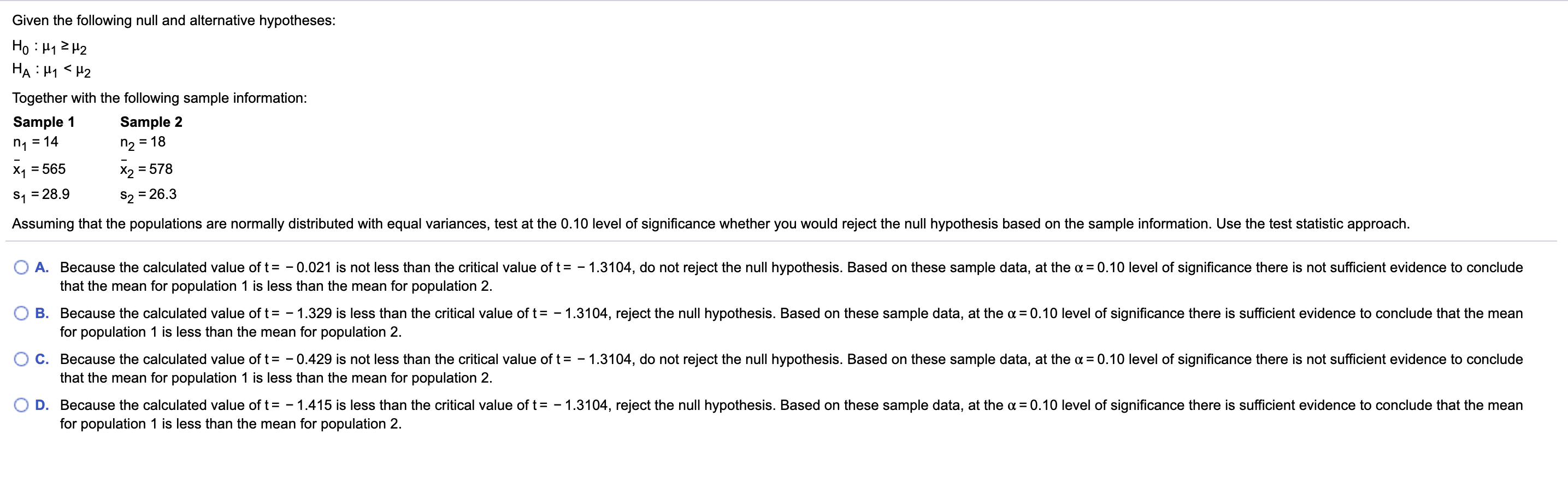 Solved Given the following null and alternative hypotheses: | Chegg.com