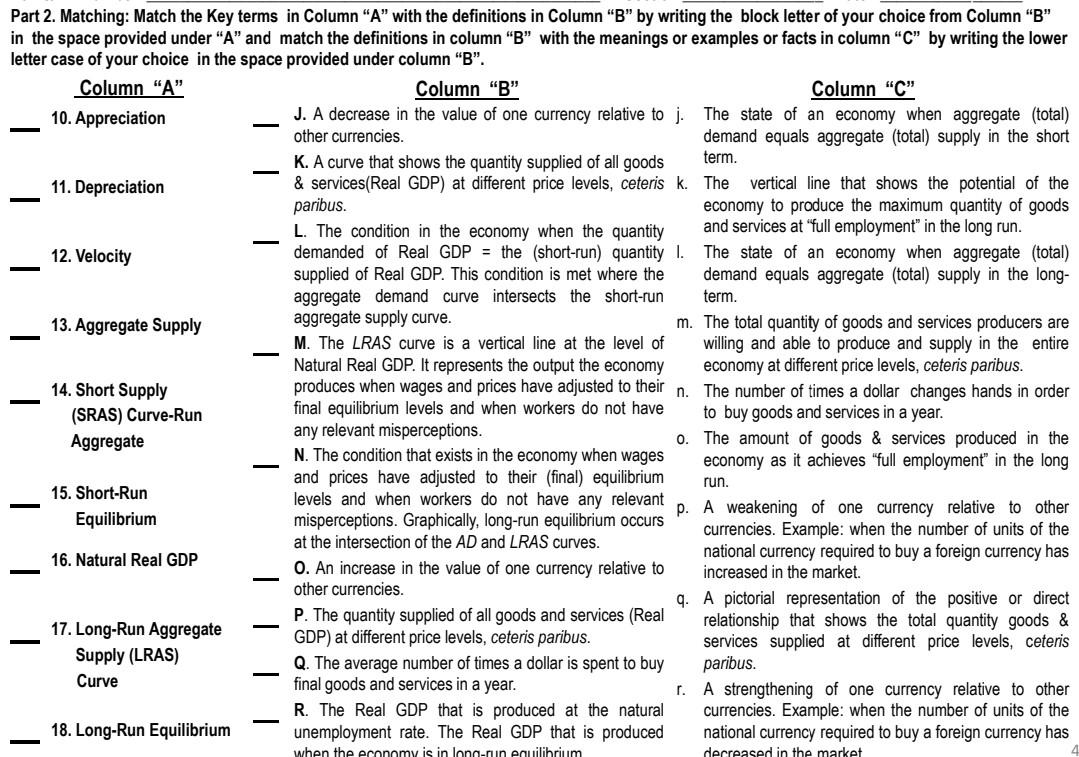 Solved - Part 2. Matching: Match the Key terms in Column "A" | Chegg.com