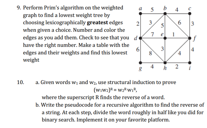 Solved 2 3 5 9. Perform Prim's algorithm on the weighted a 5 | Chegg.com