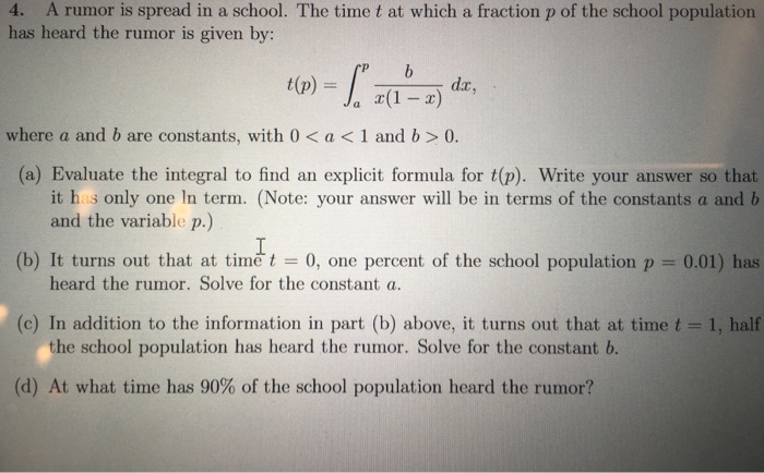Solved A rumor is spread in a school. The time t at which a | Chegg.com