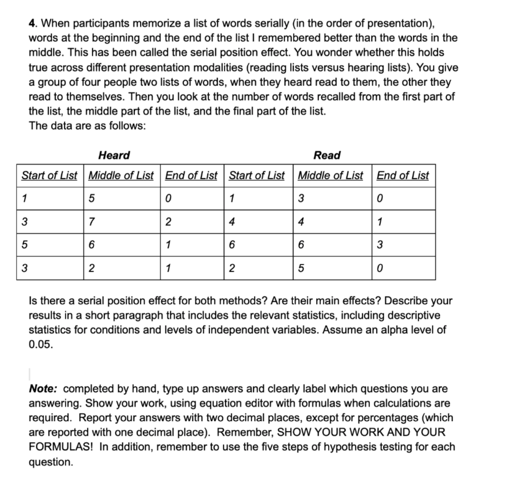 4. When participants memorize a list of words | Chegg.com