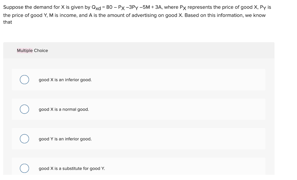 Solved Suppose the demand for X is given by Qxd = 80 - | Chegg.com