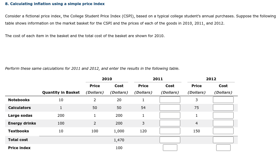 Solved 8. Calculating inflation using a simple price index | Chegg.com