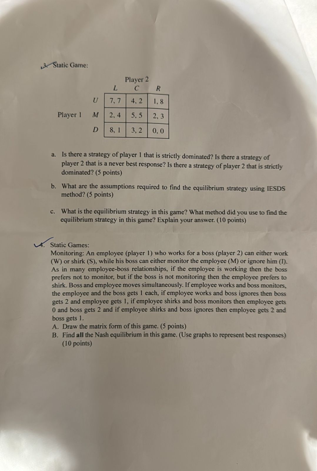 Solved 4. ﻿Static Games:Monitoring: An employee (player 1) | Chegg.com