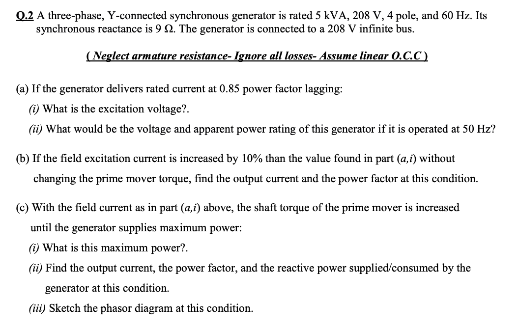 Solved Q.2 A three-phase, Y-connected synchronous generator | Chegg.com