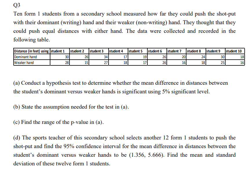Solved Ten form 1 students from a secondary school measured | Chegg.com