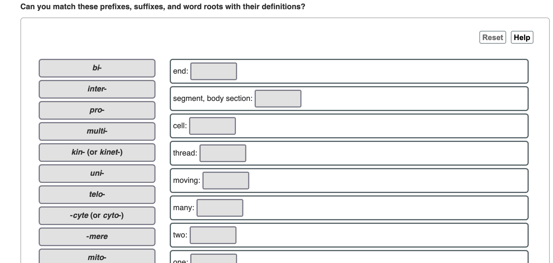 Solved Ca cell: -cyte (or cyto-) thread: mito- moving: | Chegg.com