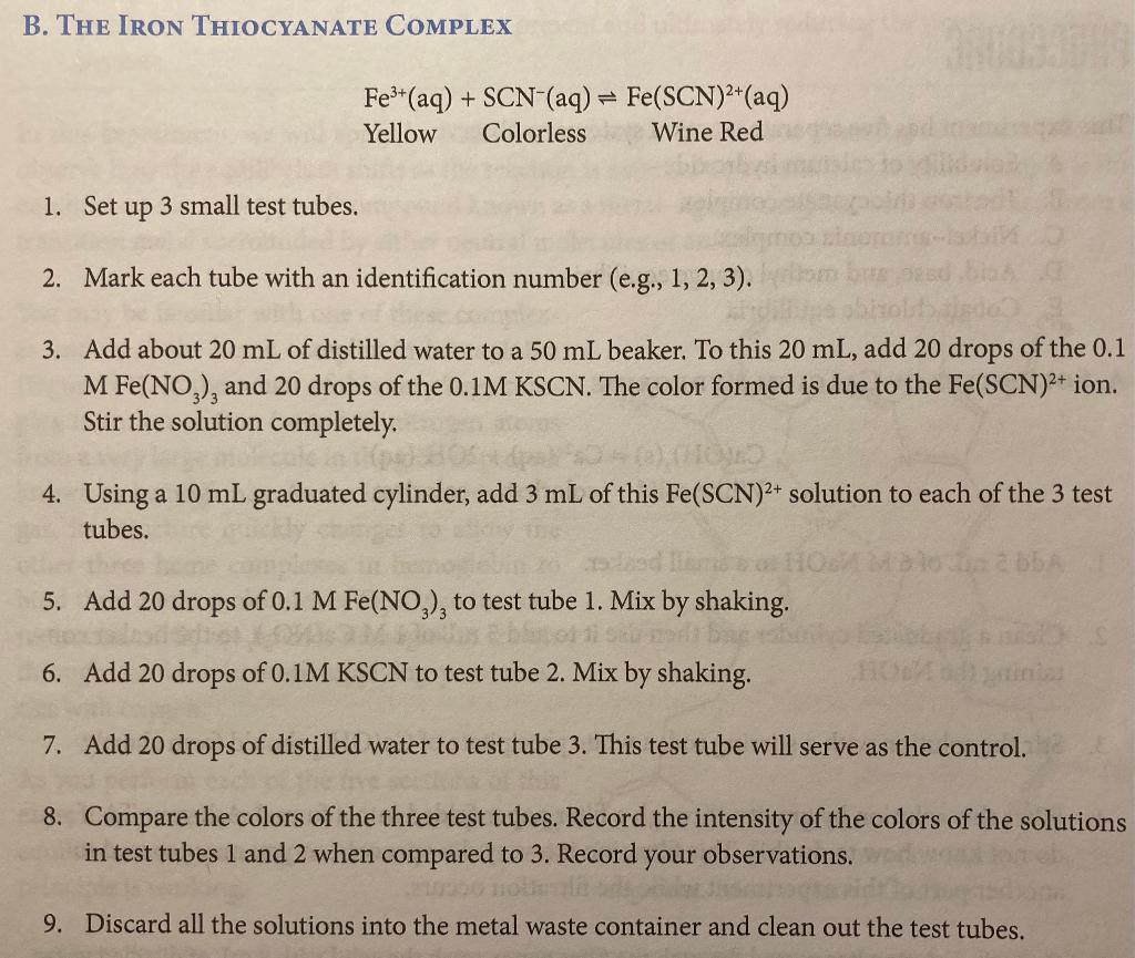 Solved B. THE IRON THIOCYANATE COMPLEX Fe3+(aq) + SCN-(aq) = | Chegg.com