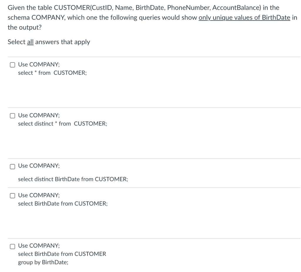 Solved Given the table CUSTOMER(CustID, Name, BirthDate, | Chegg.com