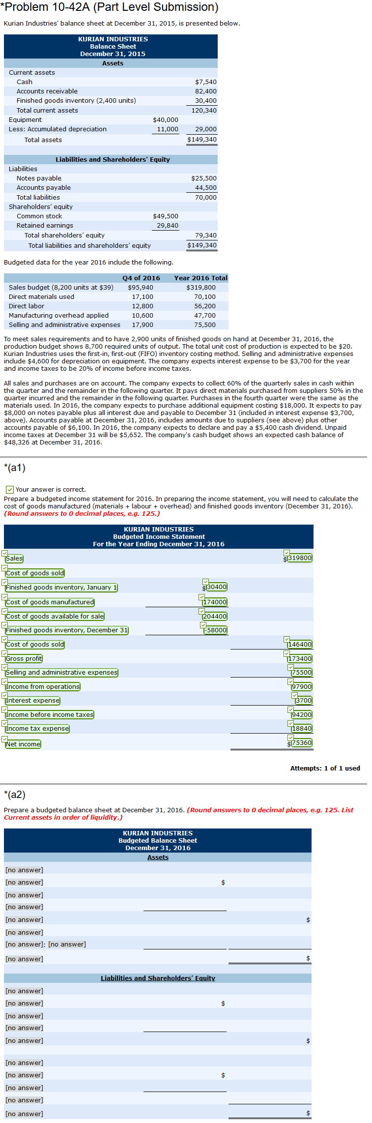 Solved *Problem 10-42A (Part Level Submission) Kurian | Chegg.com