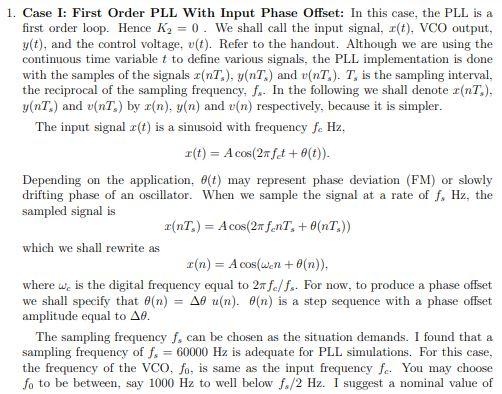 1. Case I: First Order PLL With Input Phase Offset: | Chegg.com