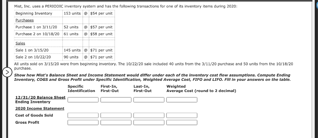 Solved Mist, Inc. uses a PERIODIC inventory system and has | Chegg.com