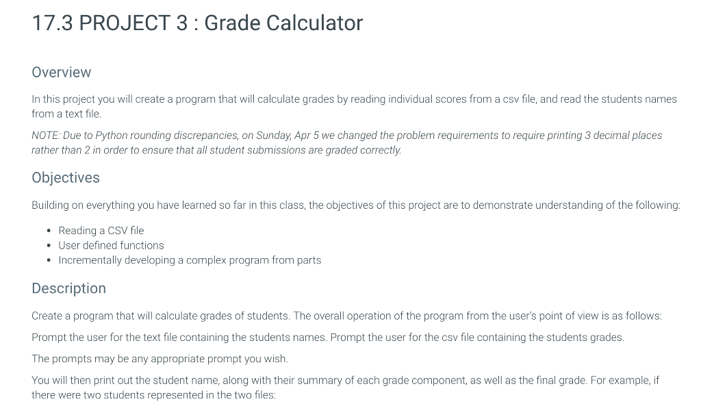 17.3 PROJECT 3 : Grade Calculator Overview In this | Chegg.com