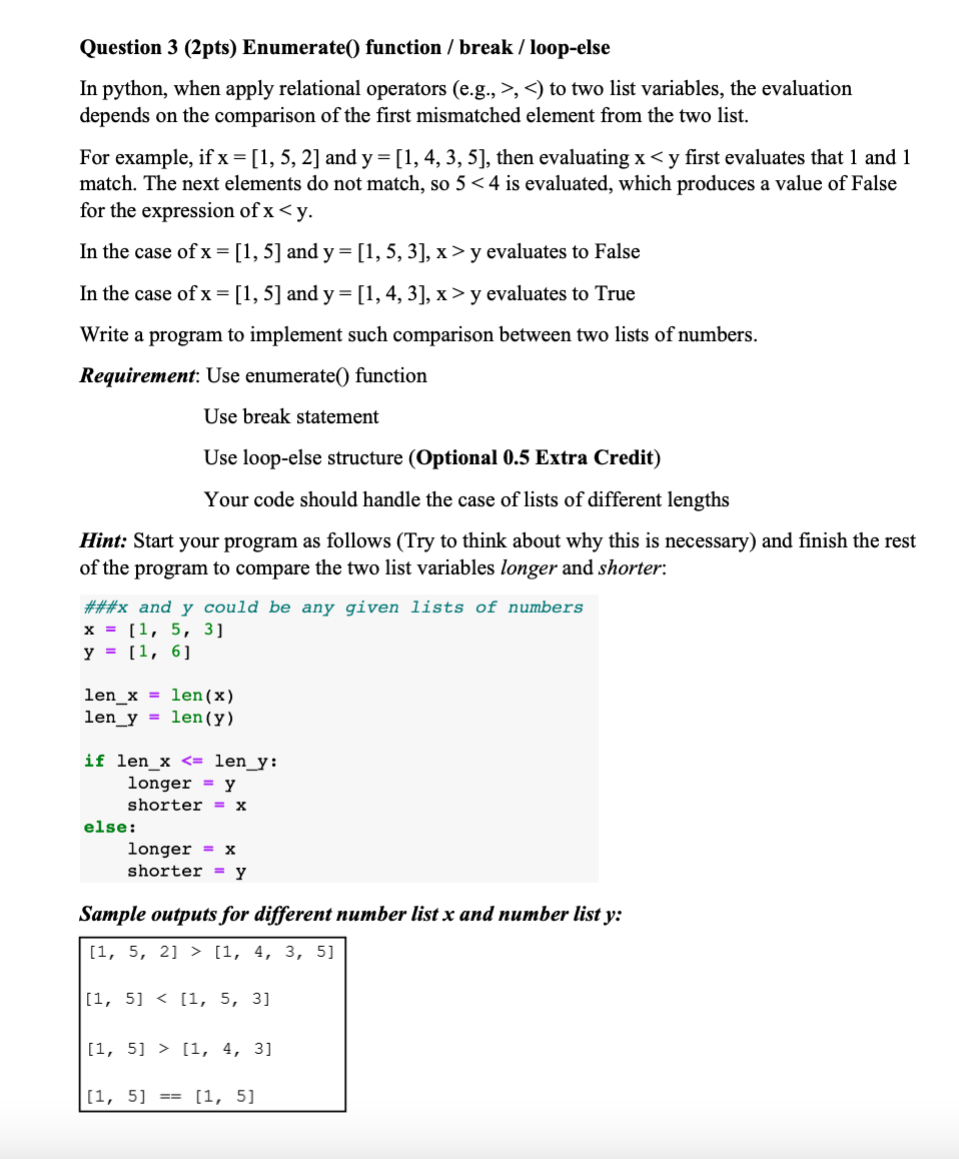 Solved Question 3 (2pts) Enumerate() function / break / | Chegg.com