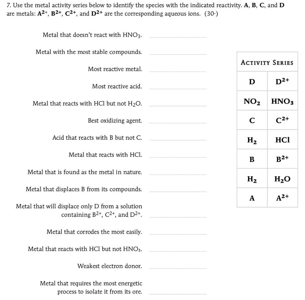 Solved 7. Use the metal activity series below to identify | Chegg.com