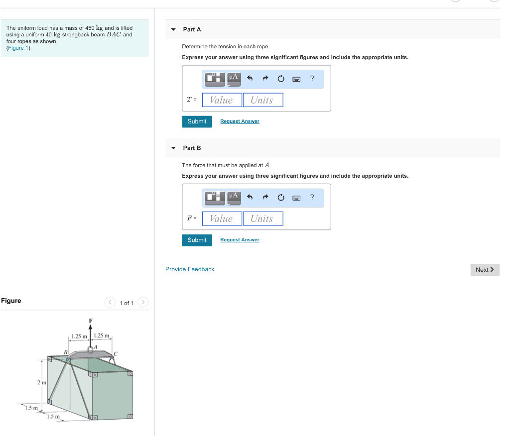 Solved The uniform load has a mass of 450 kg and is lifted | Chegg.com