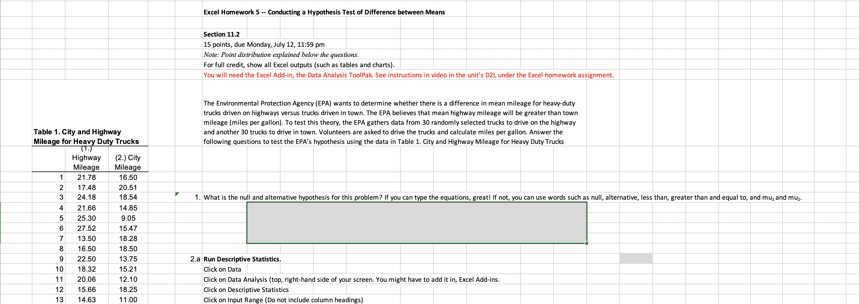 Solved Excel Homework 5 -- Conducting a Hypothesis Test of | Chegg.com