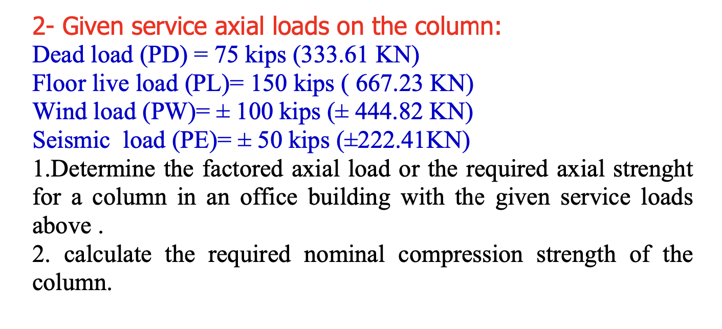 Solved 2- Given service axial loads on the column: Dead load | Chegg.com
