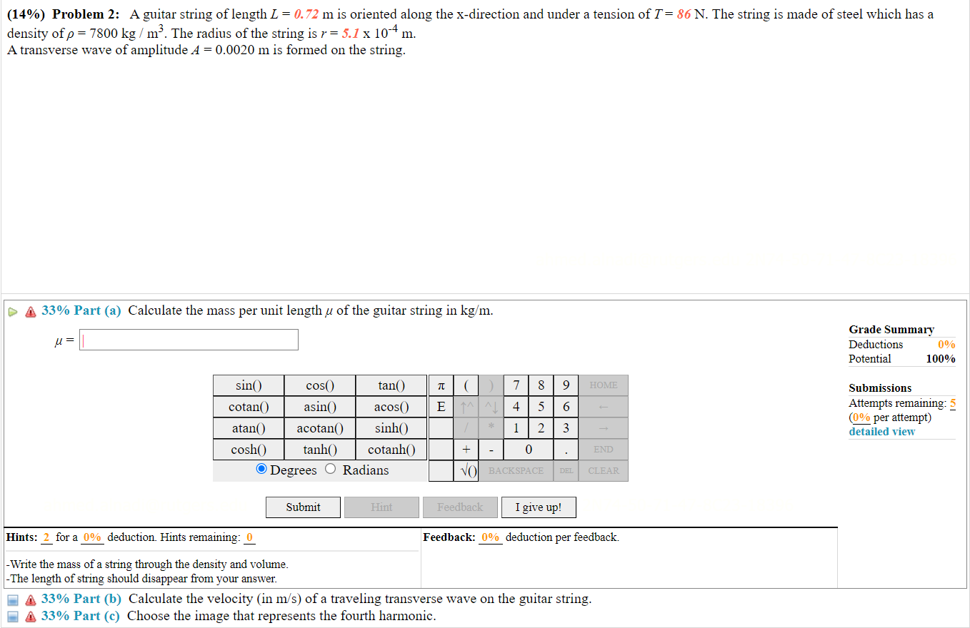 Solved (14\%) Problem 2: A guitar string of length L=0.72 m | Chegg.com