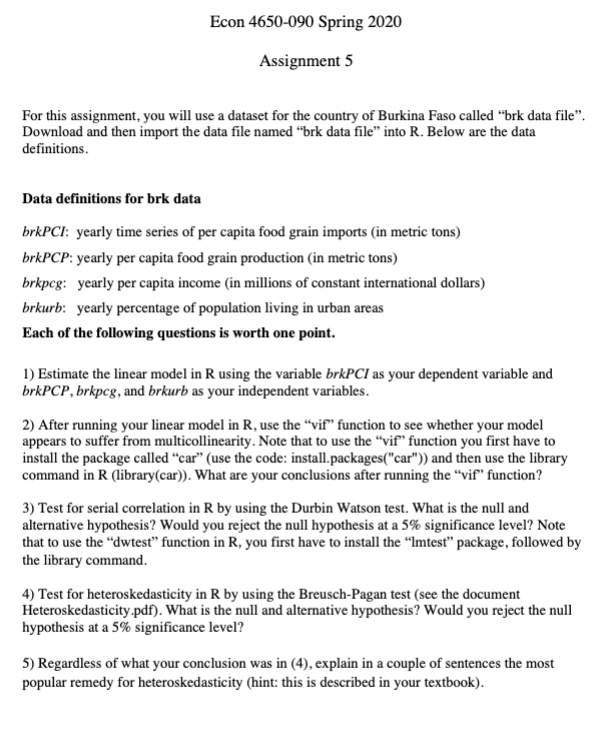 Econ 4650-090 Spring 2020 Assignment 5 For this | Chegg.com
