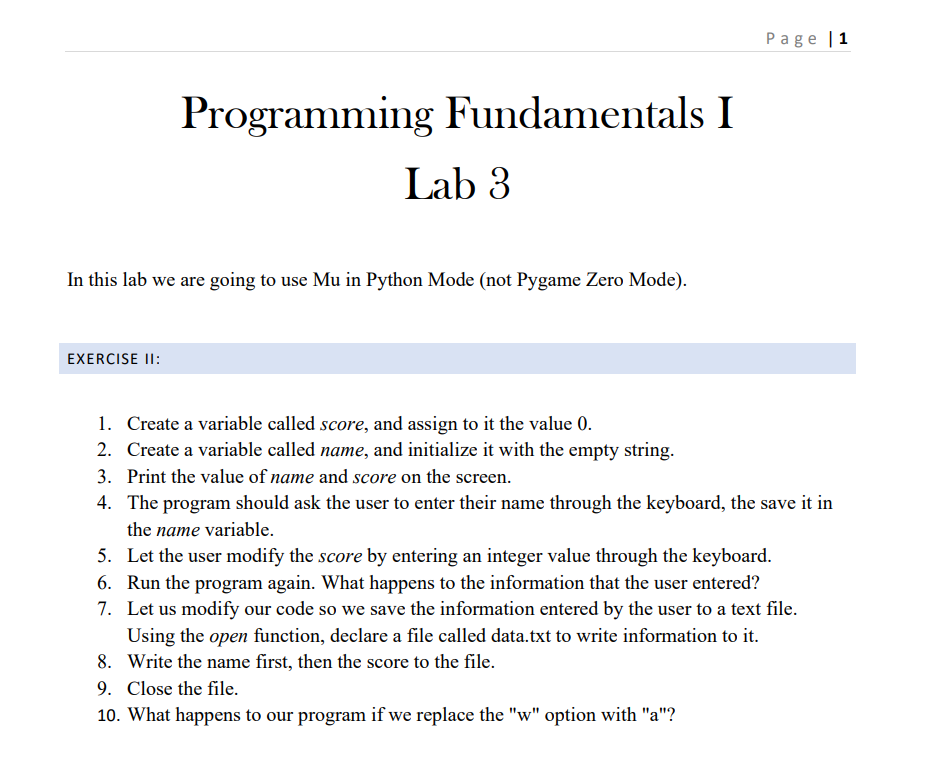 Solved Page 1 Programming Fundamentals I Lab 3 In this lab | Chegg.com