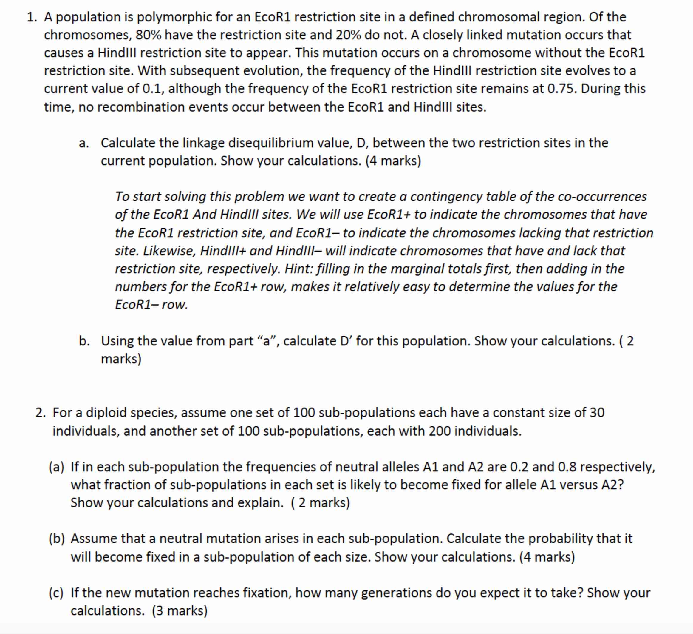 Solved 1. ﻿A population is polymorphic for an EcoR1 | Chegg.com