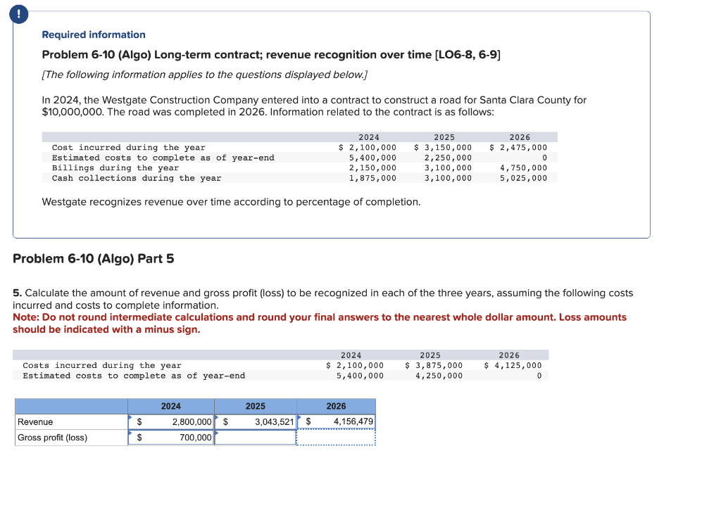 Solved Problem 6-10 (Algo) Long-term contract; revenue | Chegg.com