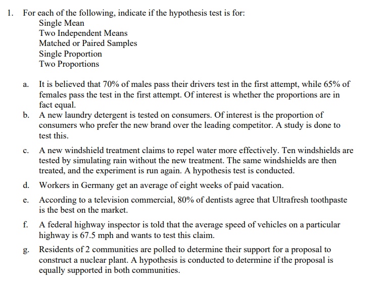 Solved 1. For each of the following, indicate if the | Chegg.com
