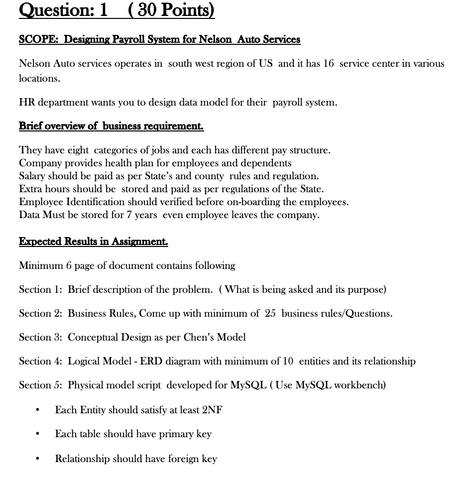 Solved Question: 1 (30 Points) SCOPE: Designing Payroll | Chegg.com