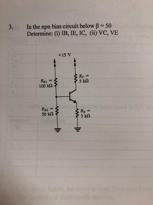 Solved In the npn bias circuit below β-50 Determine: (i) IB, | Chegg.com