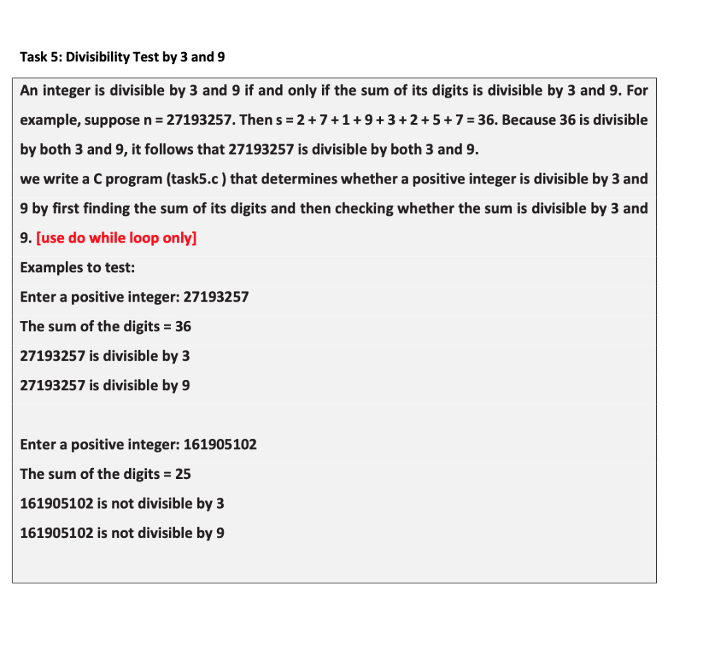 Solved Task 5: Divisibility Test by 3 and 9 An integer is | Chegg.com