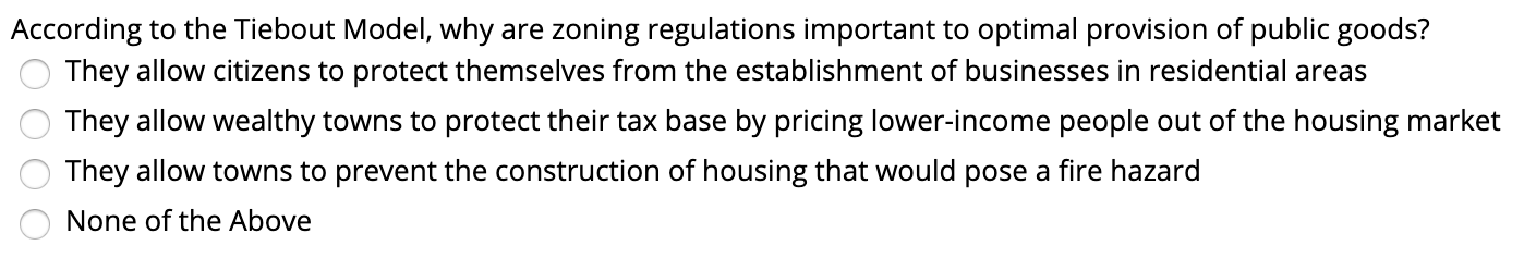 Solved According to the Tiebout Model, why are zoning | Chegg.com