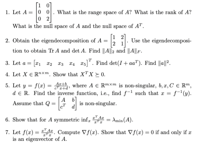 Solved [2 1] 1. Let A = 100. What is the range space of A? | Chegg.com