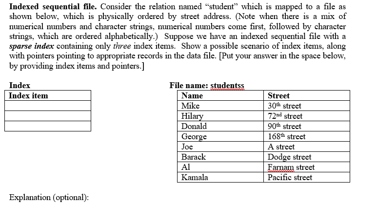 Solved Indexed sequential file. Consider the relation named | Chegg.com