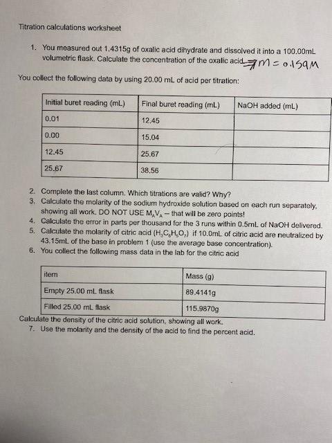 Solved Titration calculations worksheet 1. You measured out | Chegg.com