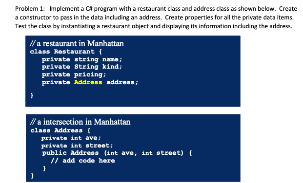 Solved Problem 1: Implement a C# program with a restaurant | Chegg.com