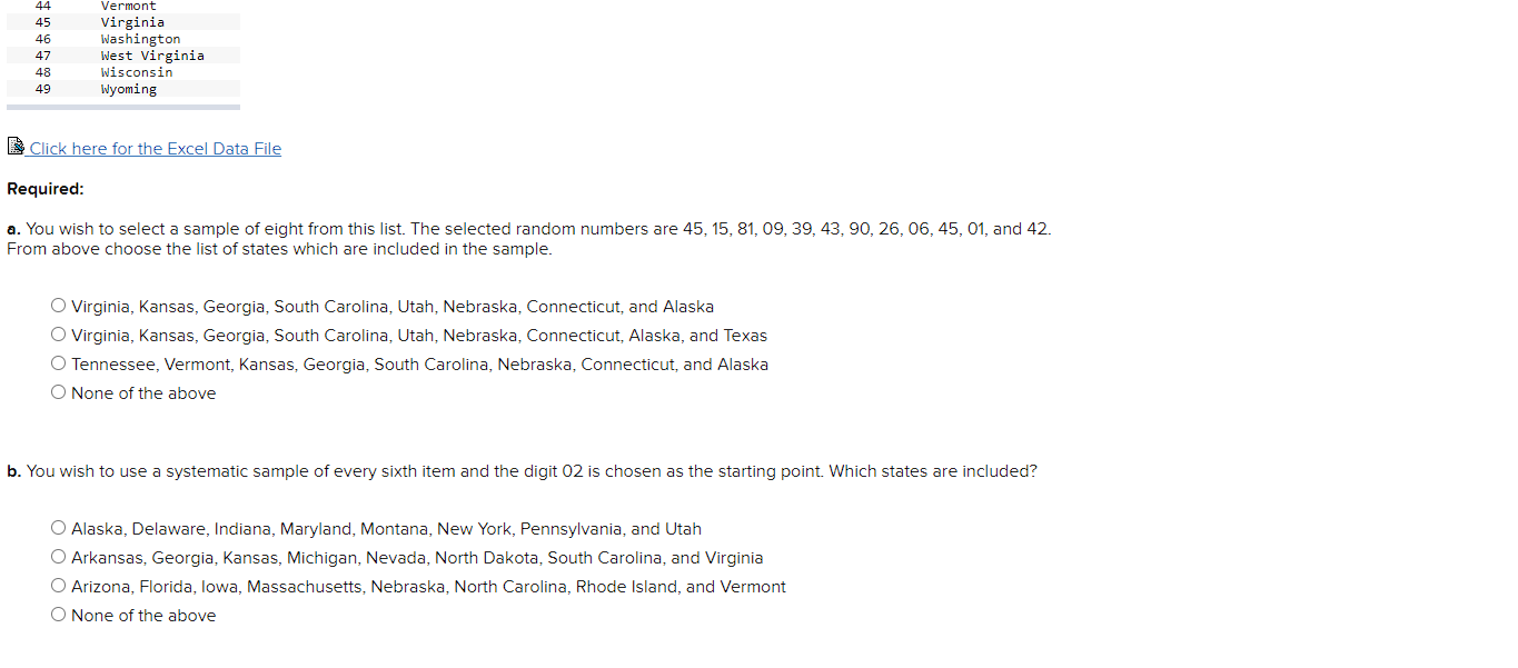 Solved Following is a list of the 50 states with the numbers | Chegg.com