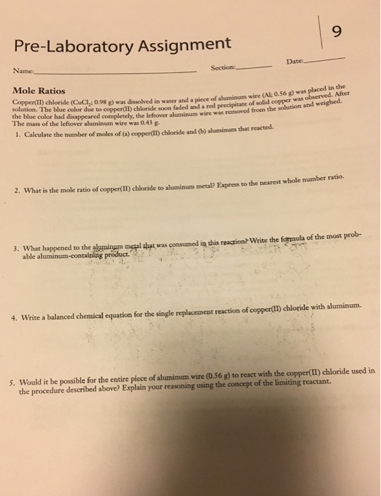 Solved Pre-Laboratory Assignment 9 Name: Date Section: Mole | Chegg.com