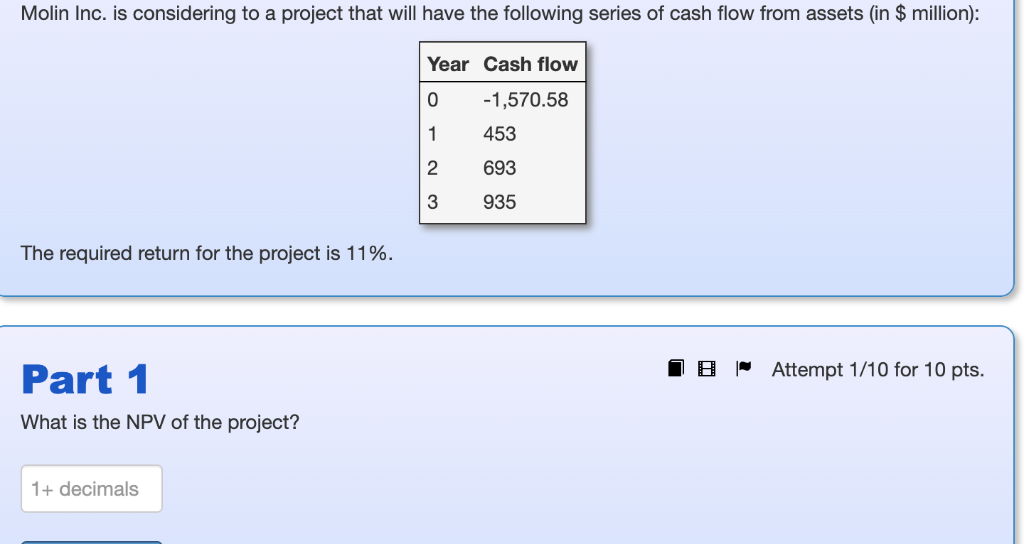 Solved The required return for the project is 11%. Part 1 | Chegg.com